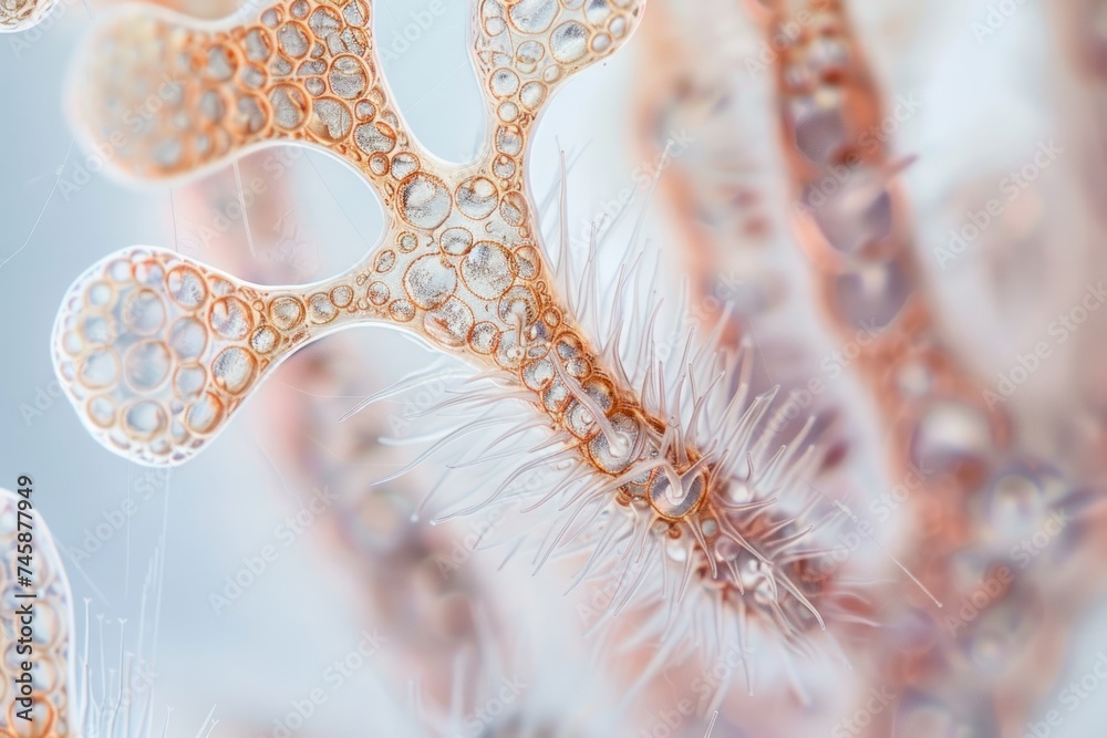 intricate fungal spores under a microscope showcasing delicate ...