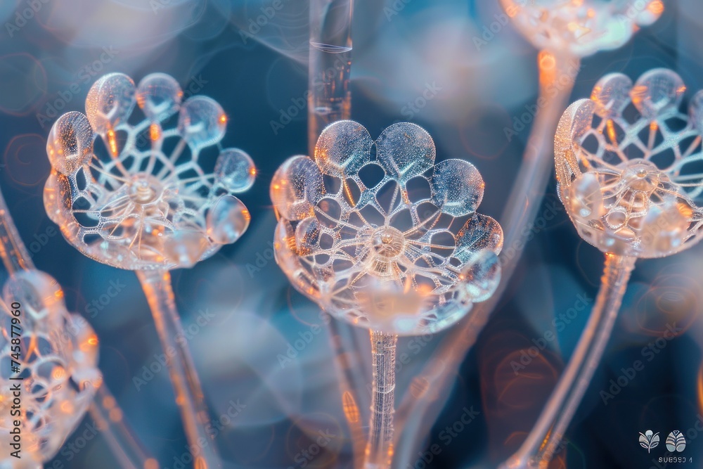 intricate fungal spores under a microscope showcasing delicate ...