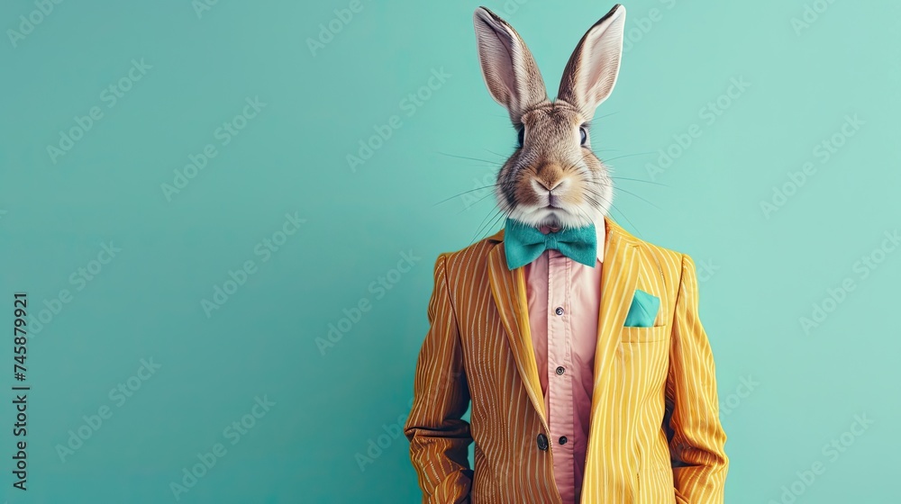 Easter trendy banner with a rabbit wearing hipster suit as a human ...