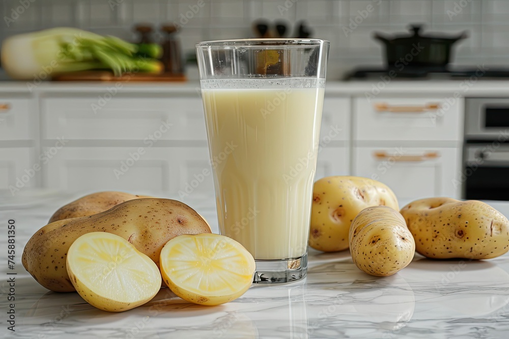 transparent glass with potato milk on the table next to potato tubers ...