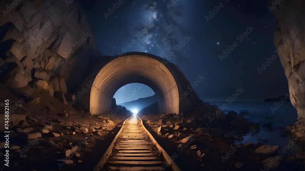 construction location for a railroad tunnel, Luminous, elongated ...