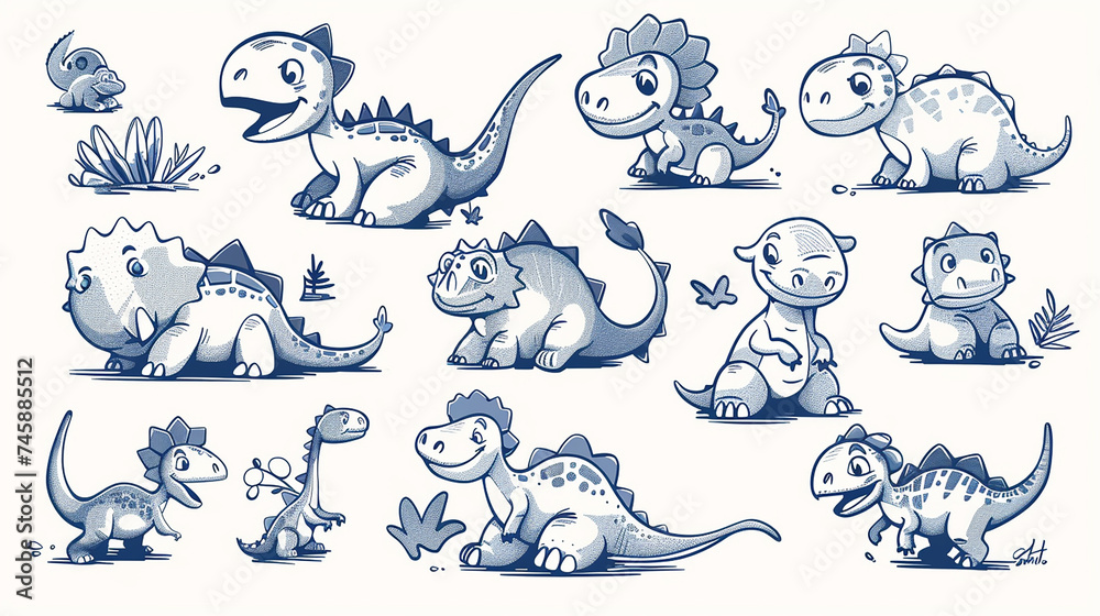 Cute and whimsical dinosaurs in playful poses and expressions, depicted ...