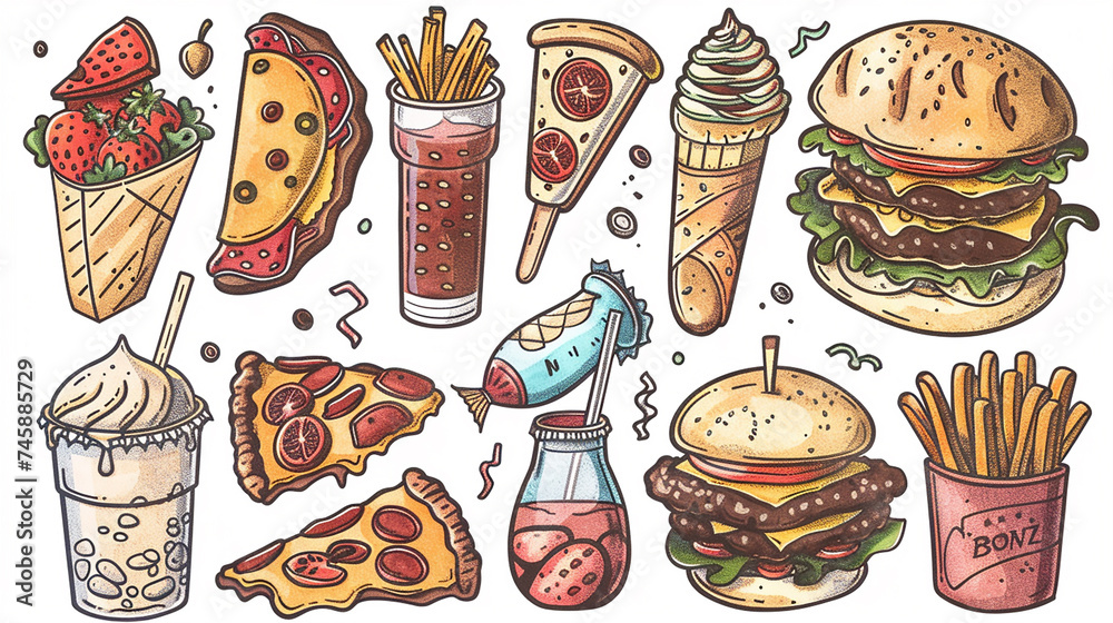 Different types of food items including burgers, pizzas, and ice creams ...