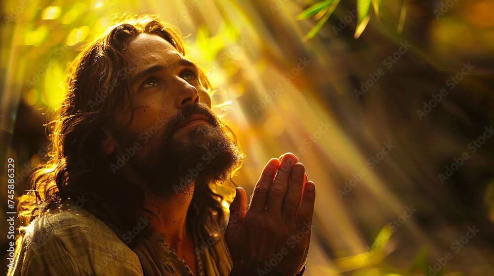 With hands clasped in prayer, Jesus lifts his gaze heavenward, his ...