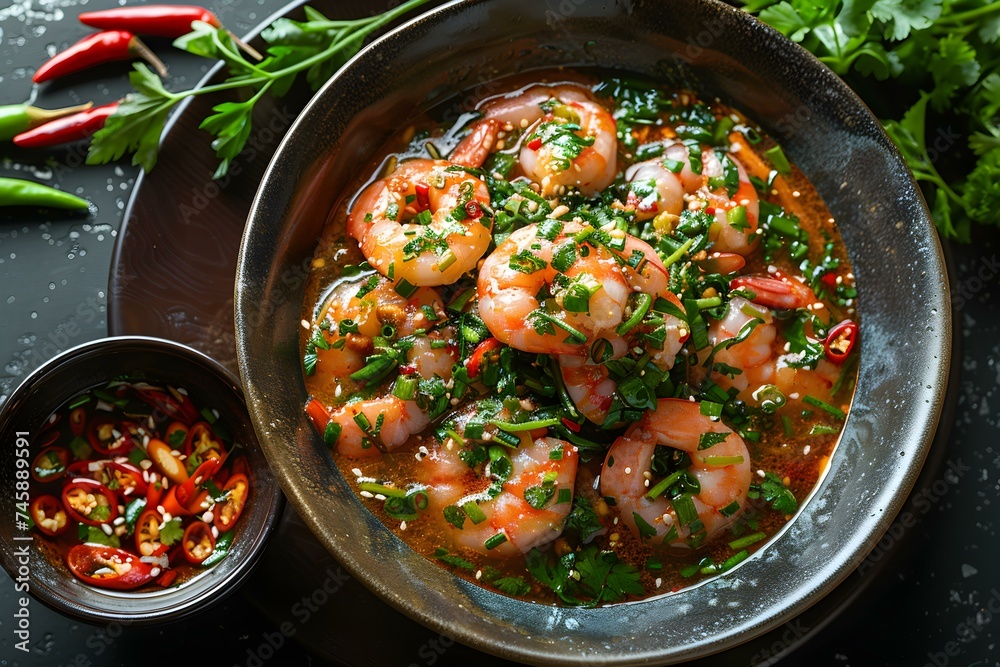 Pla Rad Prik on a black background top view Thai Cuisine. Concept Thai ...