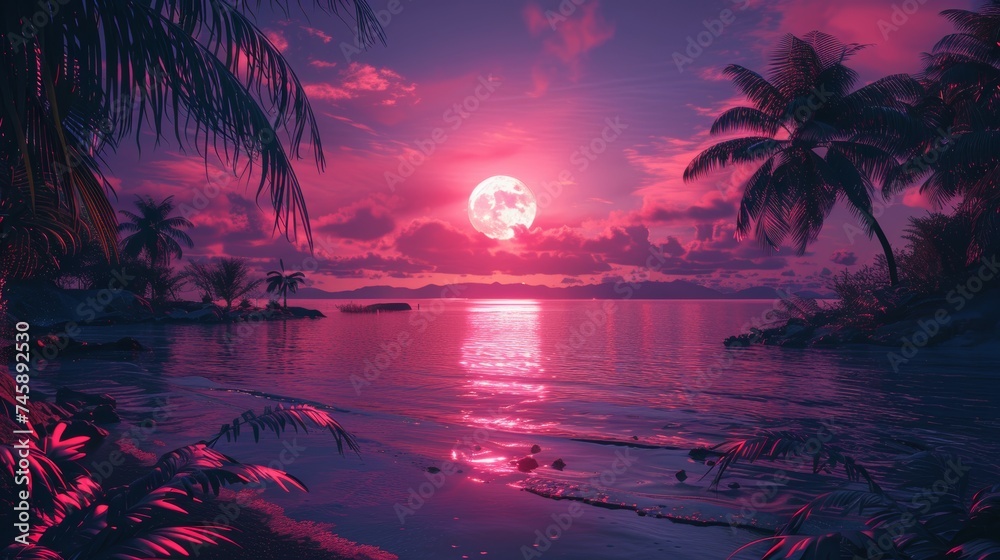 3d tropical sunset with island and palm trees. Ocean and neon sun in ...