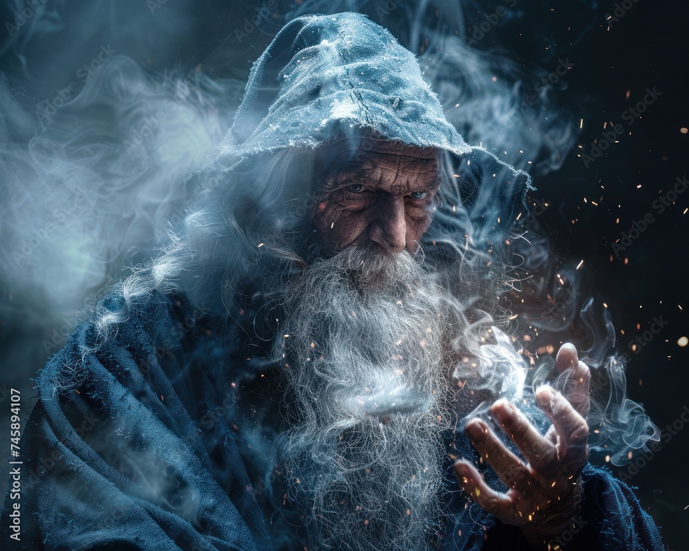 chamber of ancient lore, a formidable sorcerer emerges from the shadows ...