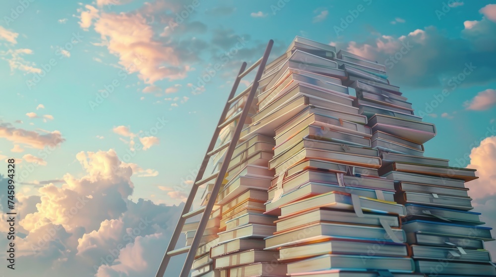 Education and growth concept. Book stack with ladder on sky with clouds ...