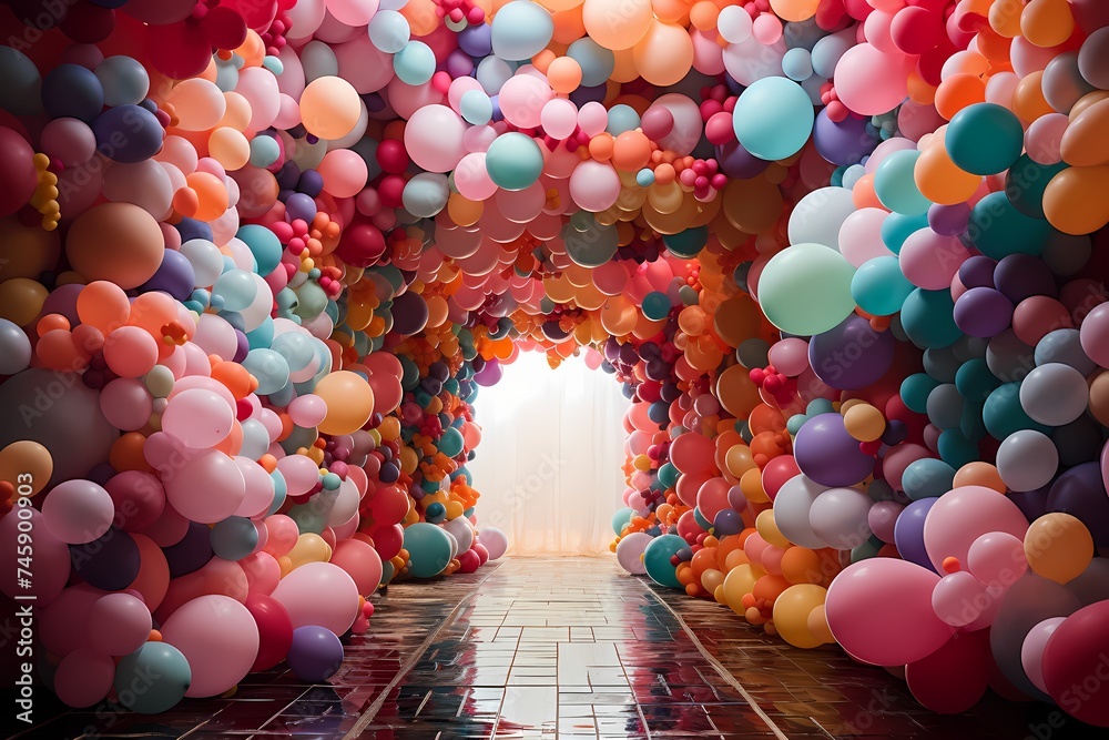 Various-sized balloons form a vivid border, encircling an empty ...