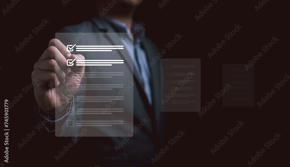 Businessman tick correct sign mark on virtual checklist for confirm ISO ...