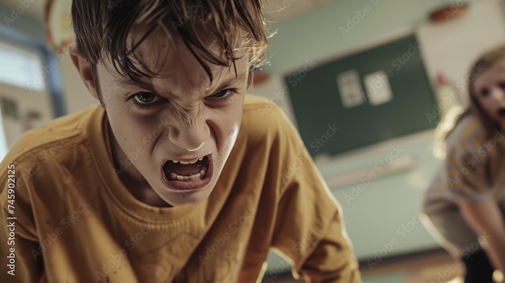 Caucasian middle school boy shouting agressiverly at his schol mated ...