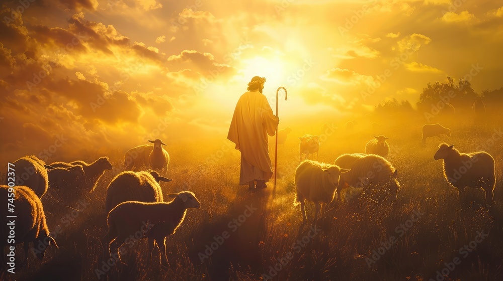 Shepherd Jesus Christ leading the flock and praying to Jehovah God and ...
