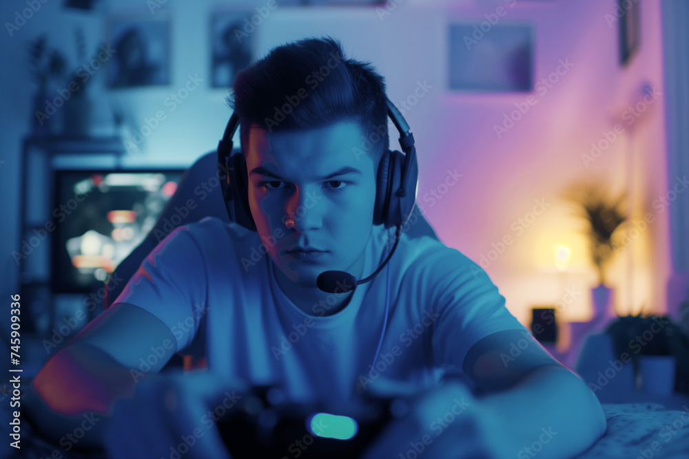 gamer in action, reflexes and strategy areas bright Stock Photo | Adobe ...