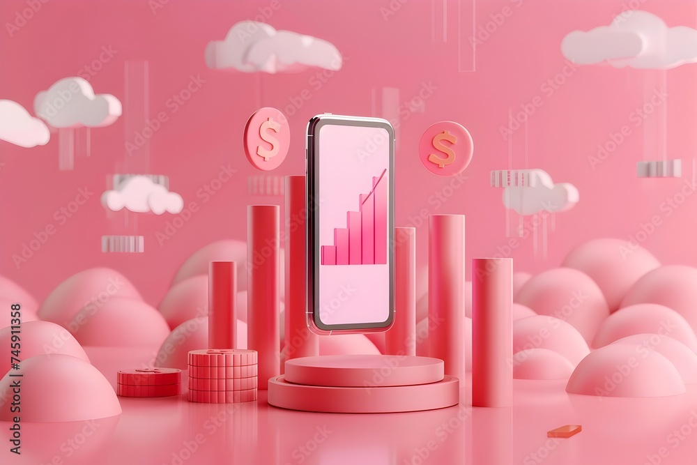 A pink smartphone with a dollar bill on it stands in the background in ...