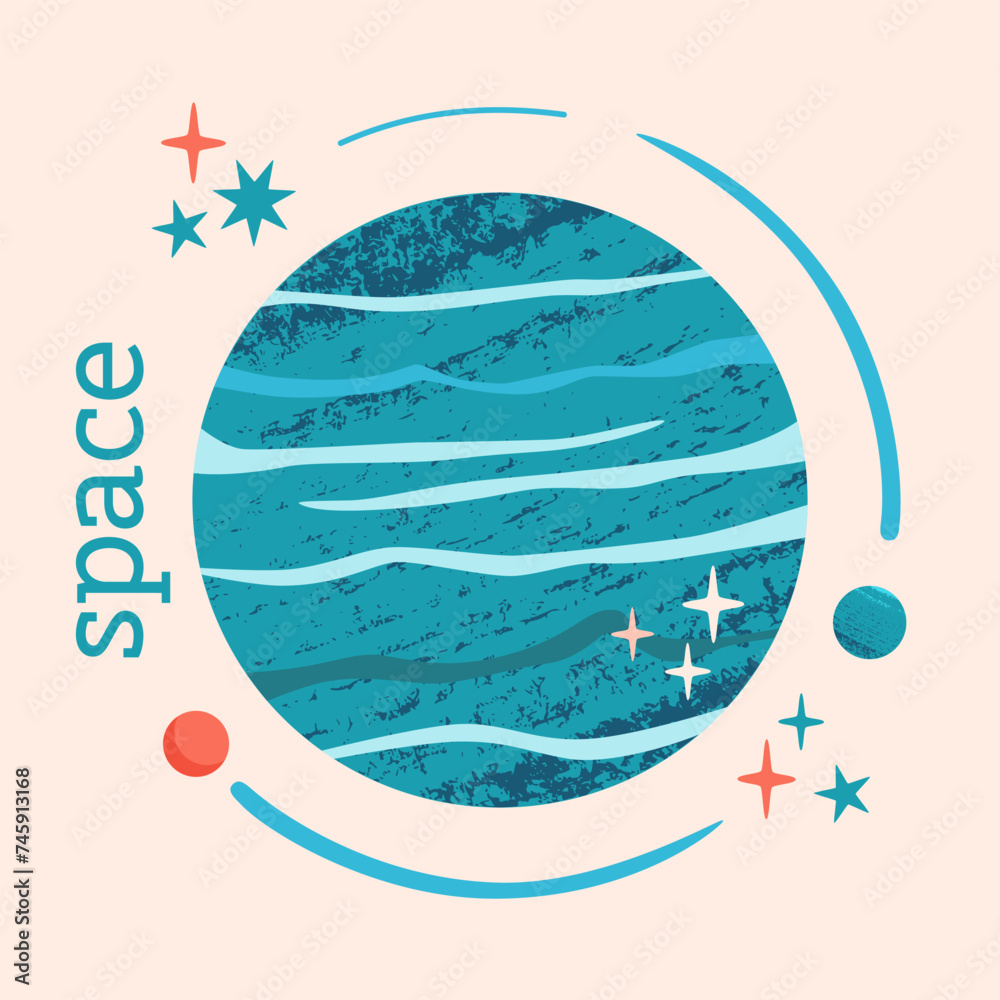 Blue planet of solar system Neptune. Vector illustration with textures ...