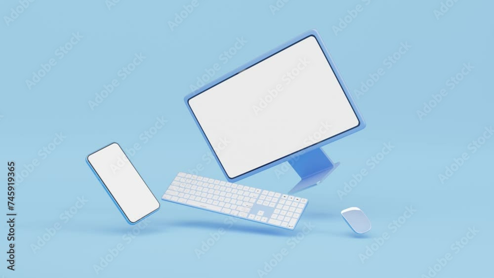 Vidéo Stock 3D animation Computer monitor with wireless mouse, keyboard ...