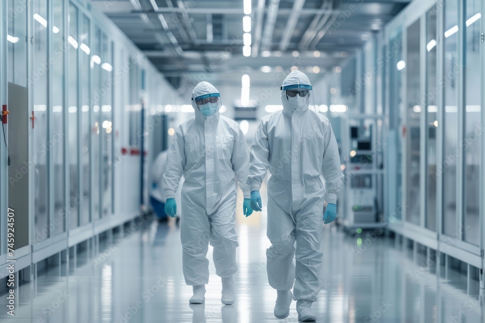 Two technicians in cleanroom suits walking in a high-tech manufacturing ...