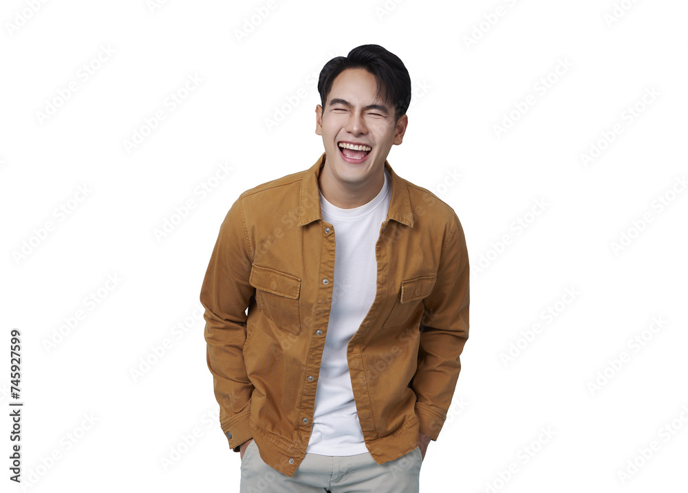 Happy laughing portrait young handsome southeast Asian man isolated on ...