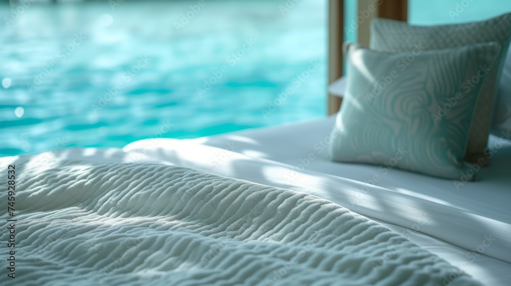 Luxury resort relaxation: Pristine white bed with tranquil ocean view ...