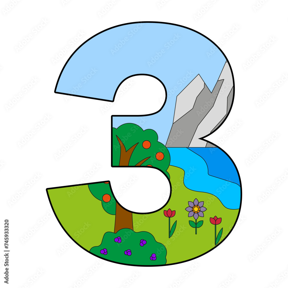 Number three depicting the third day of creation with the gathering of ...