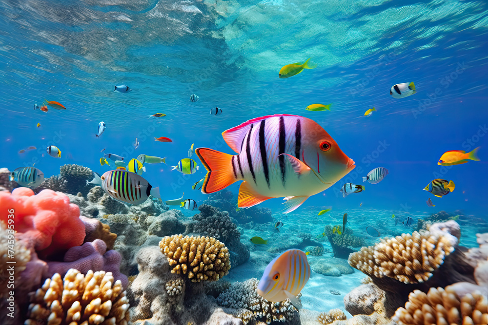 Underwater with colorful sea life fishes and plant at seabed background ...