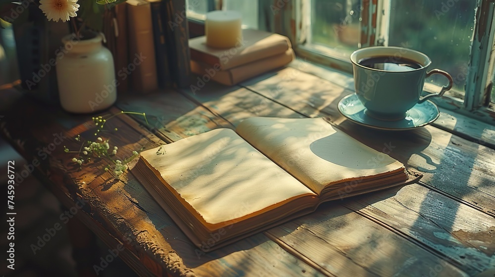 Fondo de un libro con un café sobre fondo de madera con colores cálidos ...