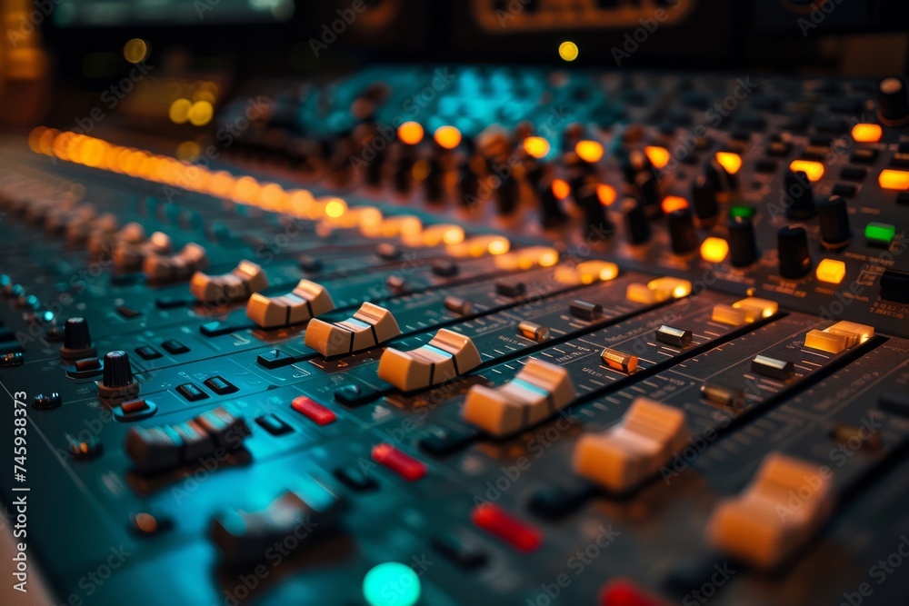 Detailed view of a sound mixing console with faders and buttons in a ...