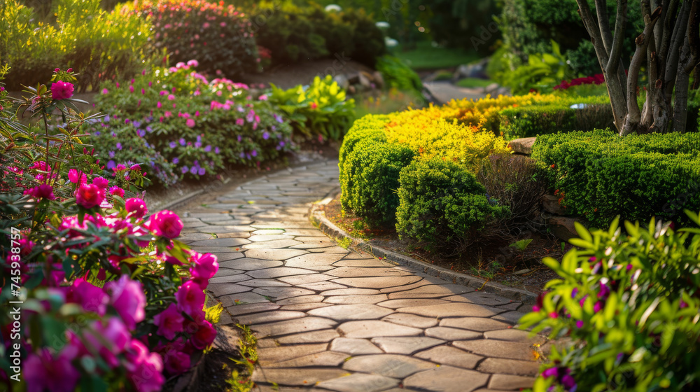 Curved Paving Stone Pathway Amidst Trimmed Hedges and Flower Clusters ...