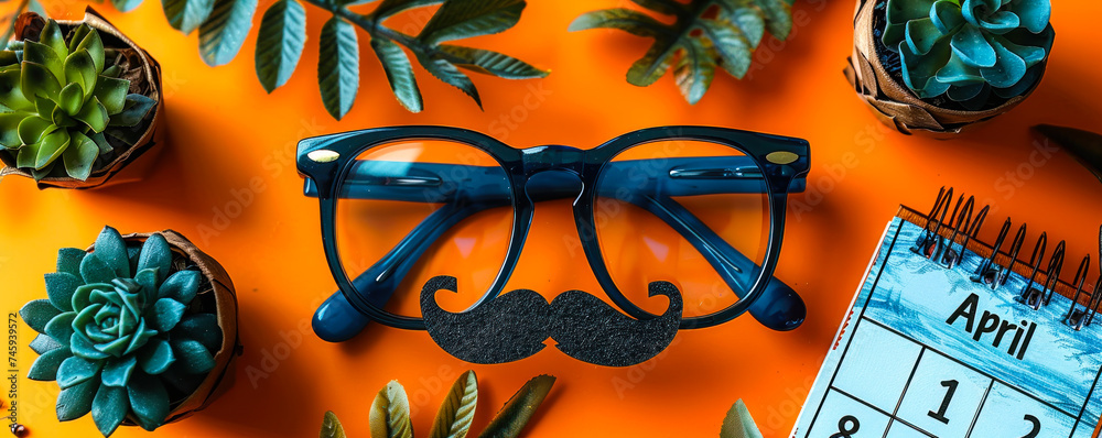 April Fools Day concept with playful disguise props like glasses ...