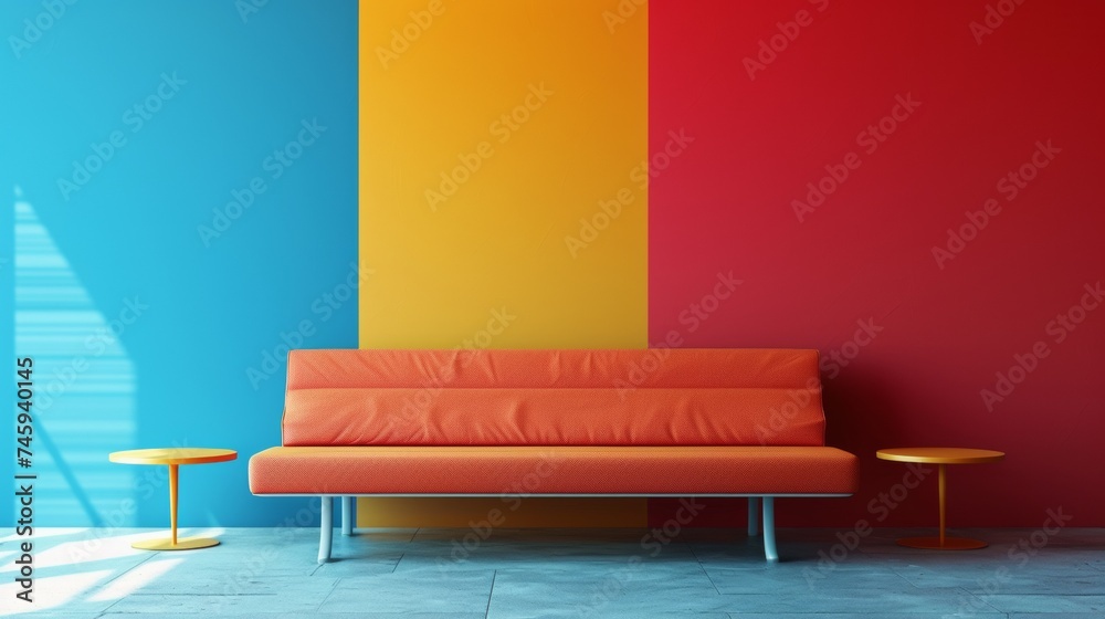 Modern interior with a vibrant color scheme featuring a red sofa ...