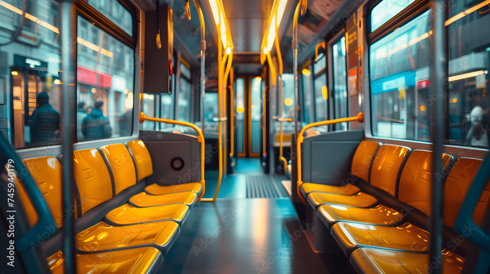 Empty yellow seats in a modern public bus interior. Public ...