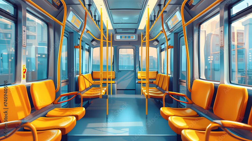 Empty yellow seats in a modern public bus interior. Public ...