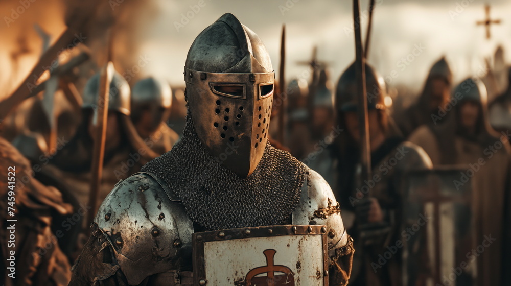 Medieval knights are fighting in front of the castle, the siege. War ...