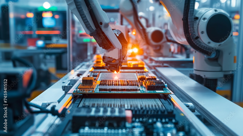 Electronic Devices Production Industry. Component Installation on Circuit Board. High Precision ...