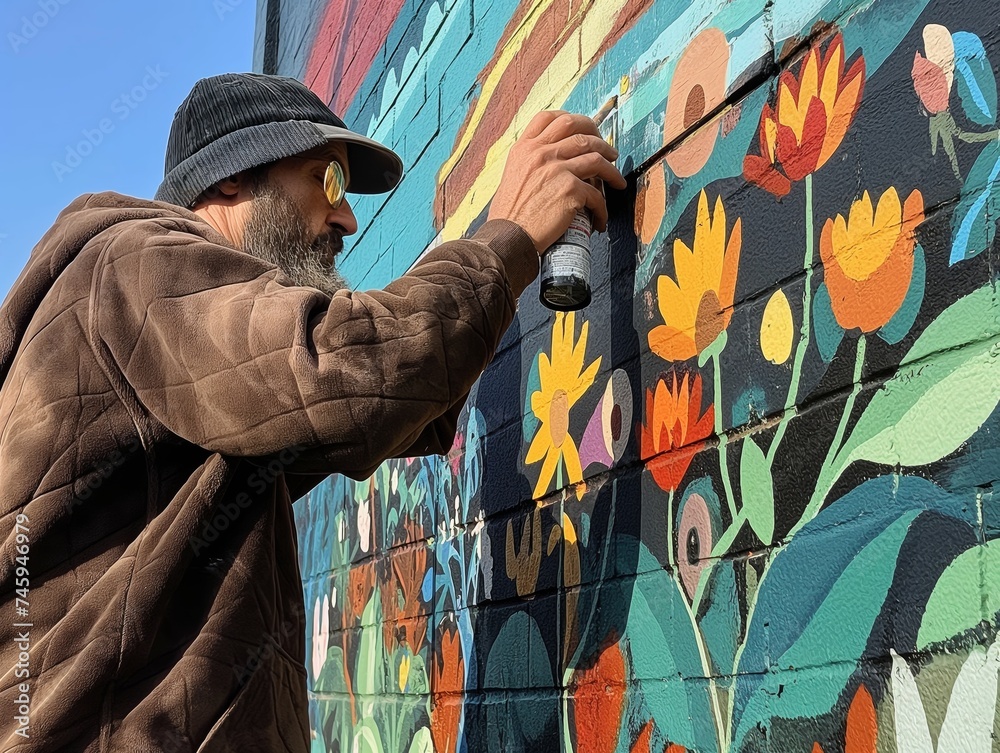 An artist painting a mural graffiti on a city wall for a community art ...