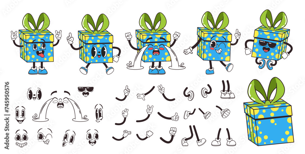 Cartoon Retro Groovy Gift Box Character Builder. Vector Collection Of ...