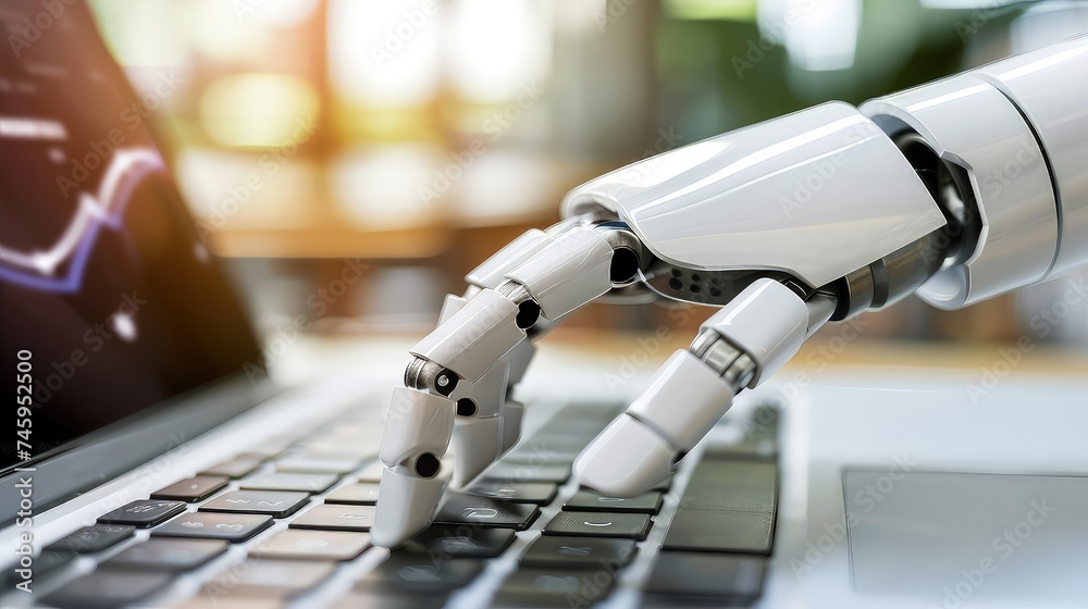 Chatbot. Robot hands typing text on a laptop keyboard. In the realm of artificial intelligence ...