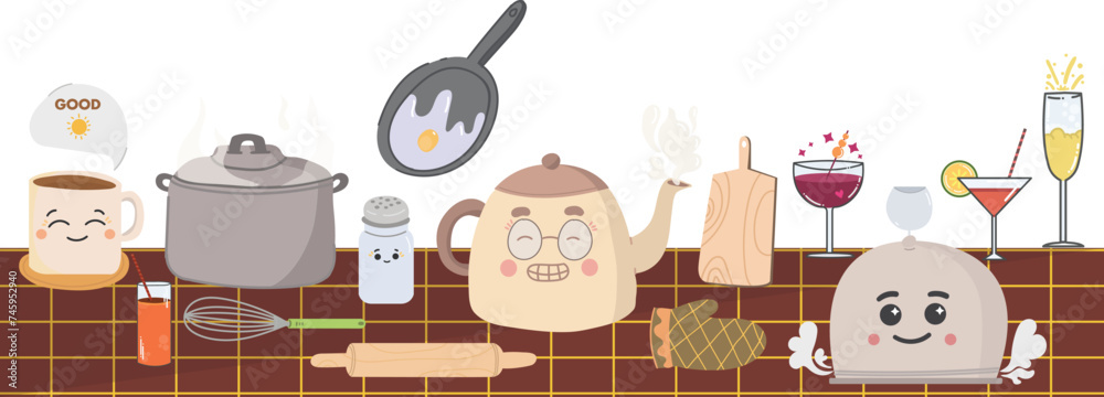 Food cartoon table, happy feast table,dinner table funny cartoon set ...