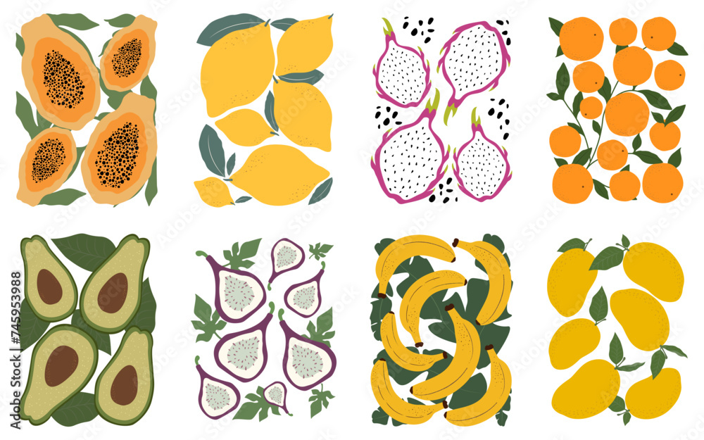 Doodle Fruits. Fruit doodle background. Collection Fruits with leaves ...