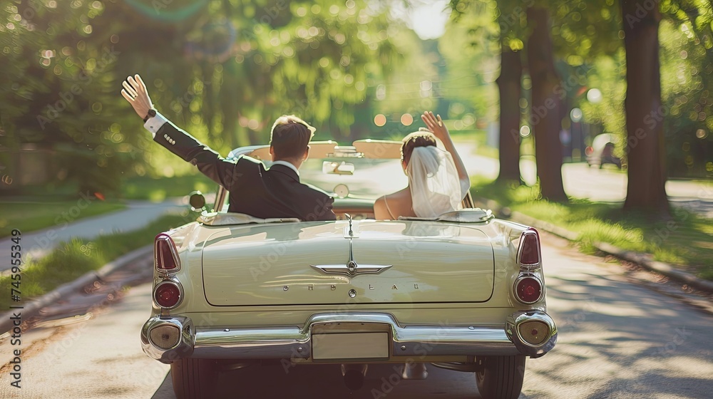 Newlyweds Celebrating in a Classic Convertible Car A joyful bride and ...