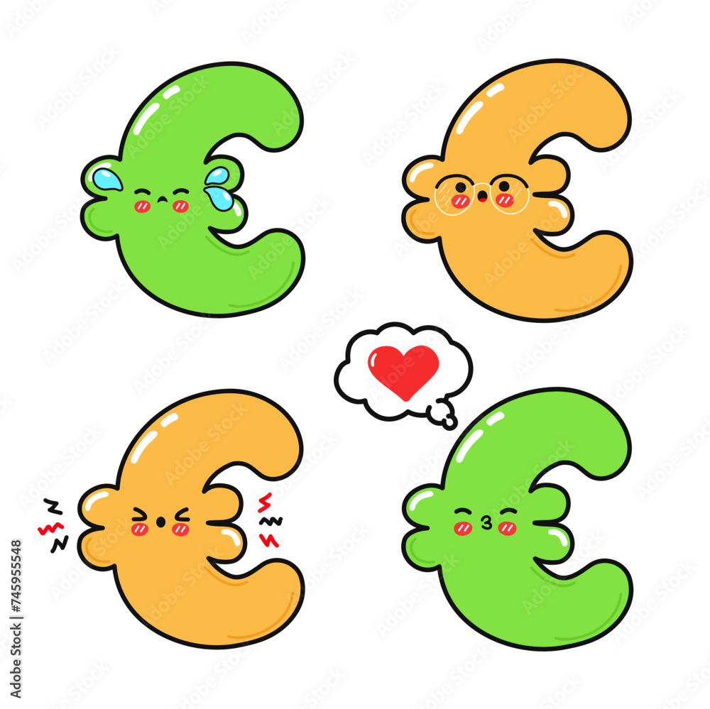 Vecteur Stock Funny cute Euro sign characters bundle set. Vector hand ...