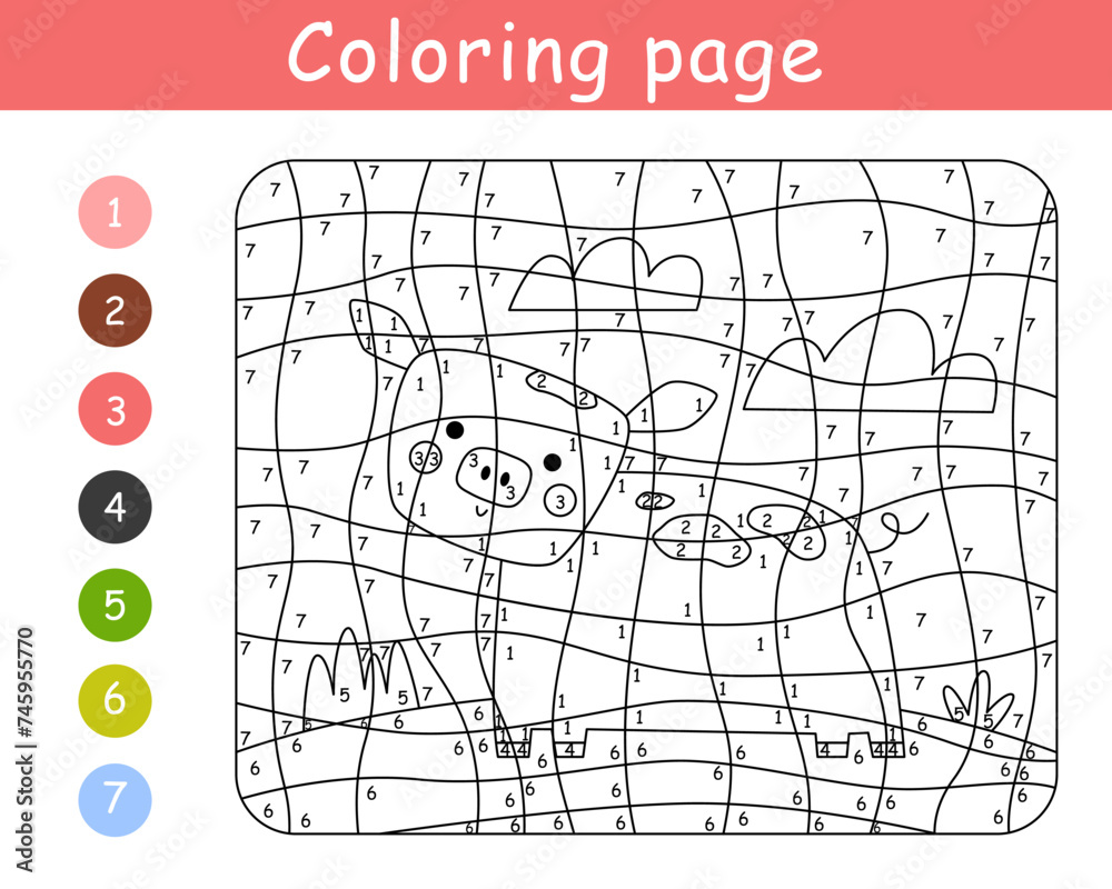 Color by number game for kids. Childish cute pig. Farm coloring page ...
