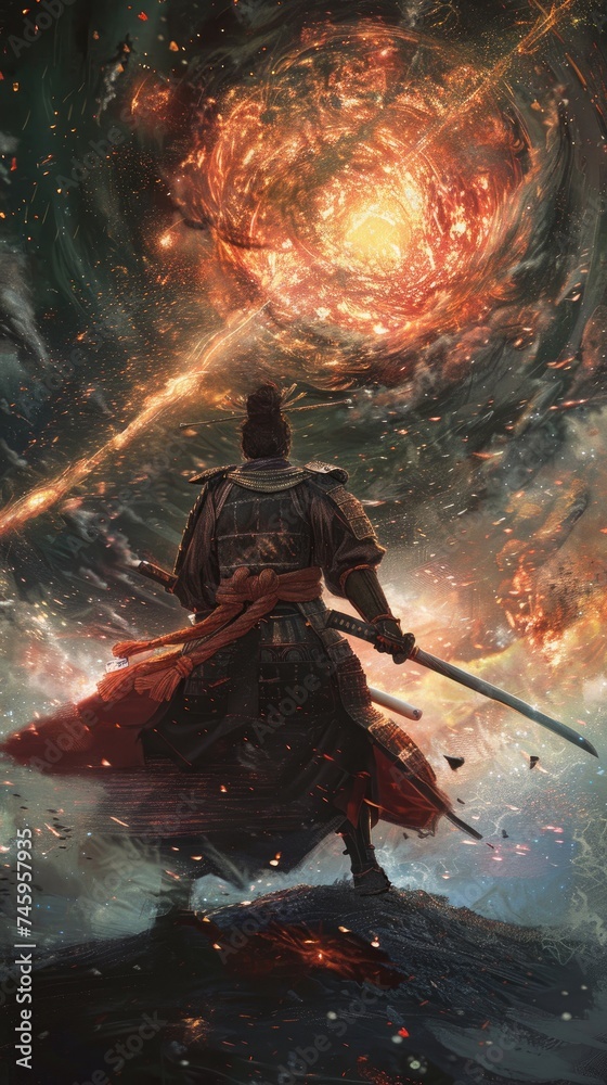 A supernova casting its ethereal glow over an ancient samurai battle ...