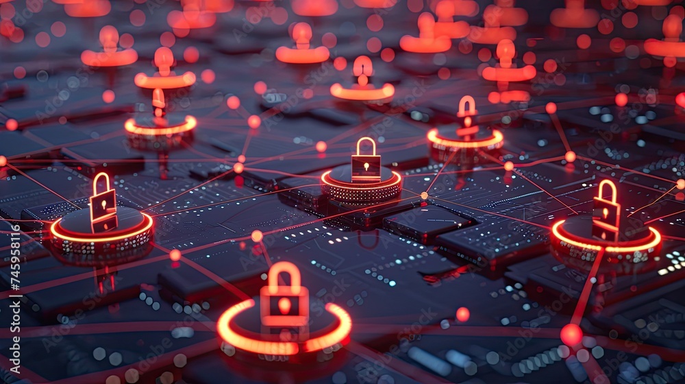 Cybersecurity concept with digital locks and firewalls protecting a ...