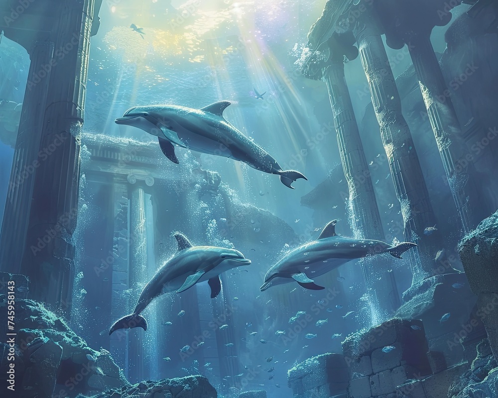Dolphins swimming through ruins under the sea, evoking the lost world ...