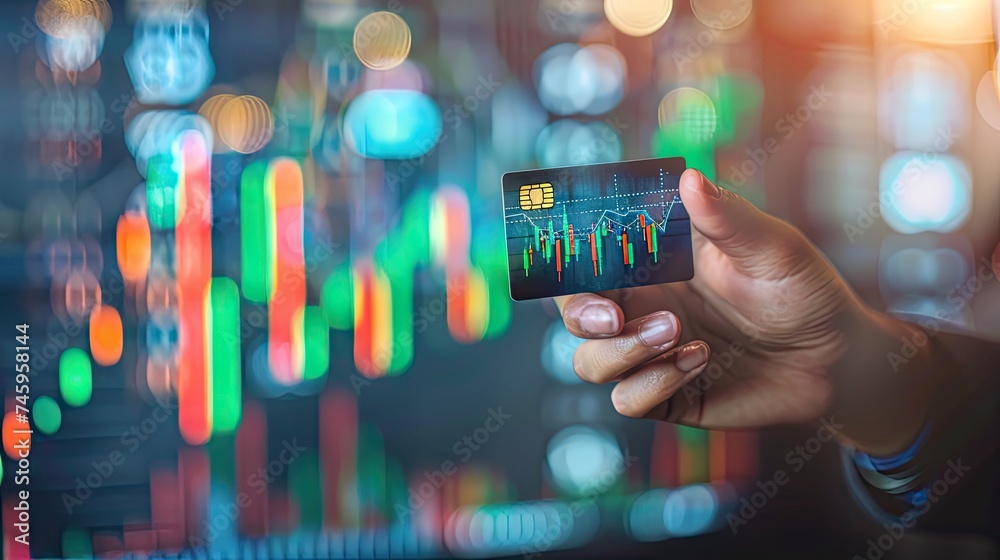 Elegant hand holding credit card with dynamic holographic projections ...