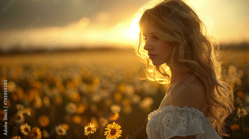 Golden Hour Glow: Lady Amidst Sunflowers. A woman in a white dress ...