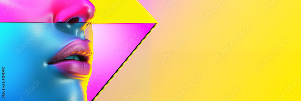 Stylized rendition of a face against a multicolored gradient background ...