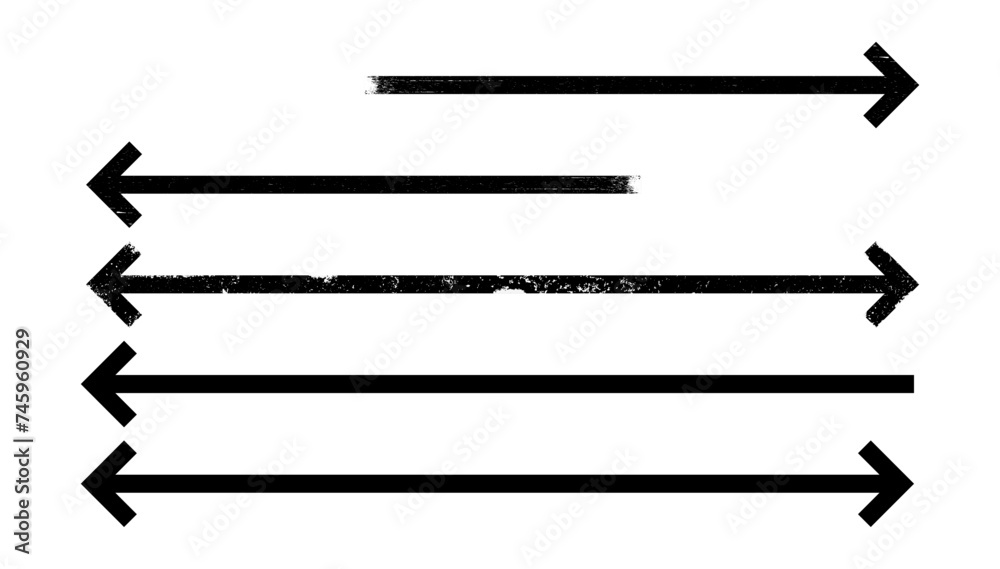 Set of thin black arrows pointing right left long, straight-line with ...