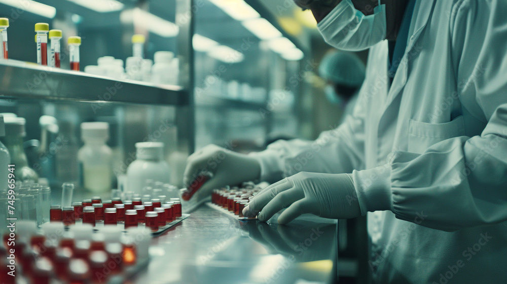 In the fast-paced environment of a pharmaceutical facility, a close-up ...